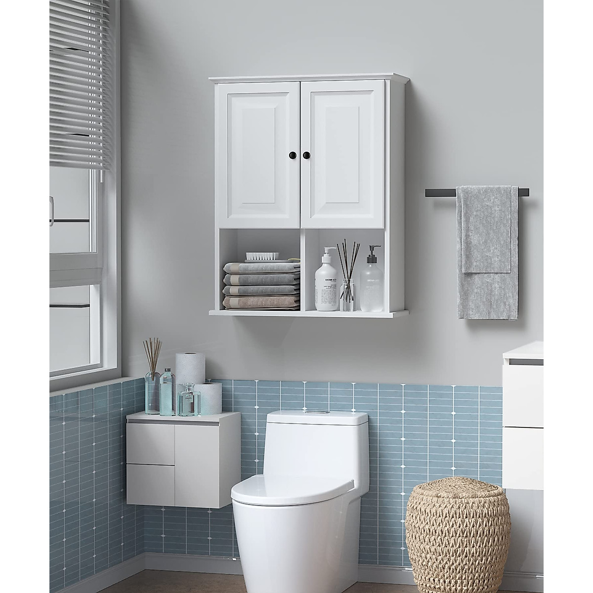 HAIOOU Bathroom Wall Cabinet with Motion Sensor LED Light, Wooden Medicine Cabinet Wall Mounted Cupboard, Over Toilet Storage Cabinet with Buffering Hinges and Adjustable Shelf - Modern White