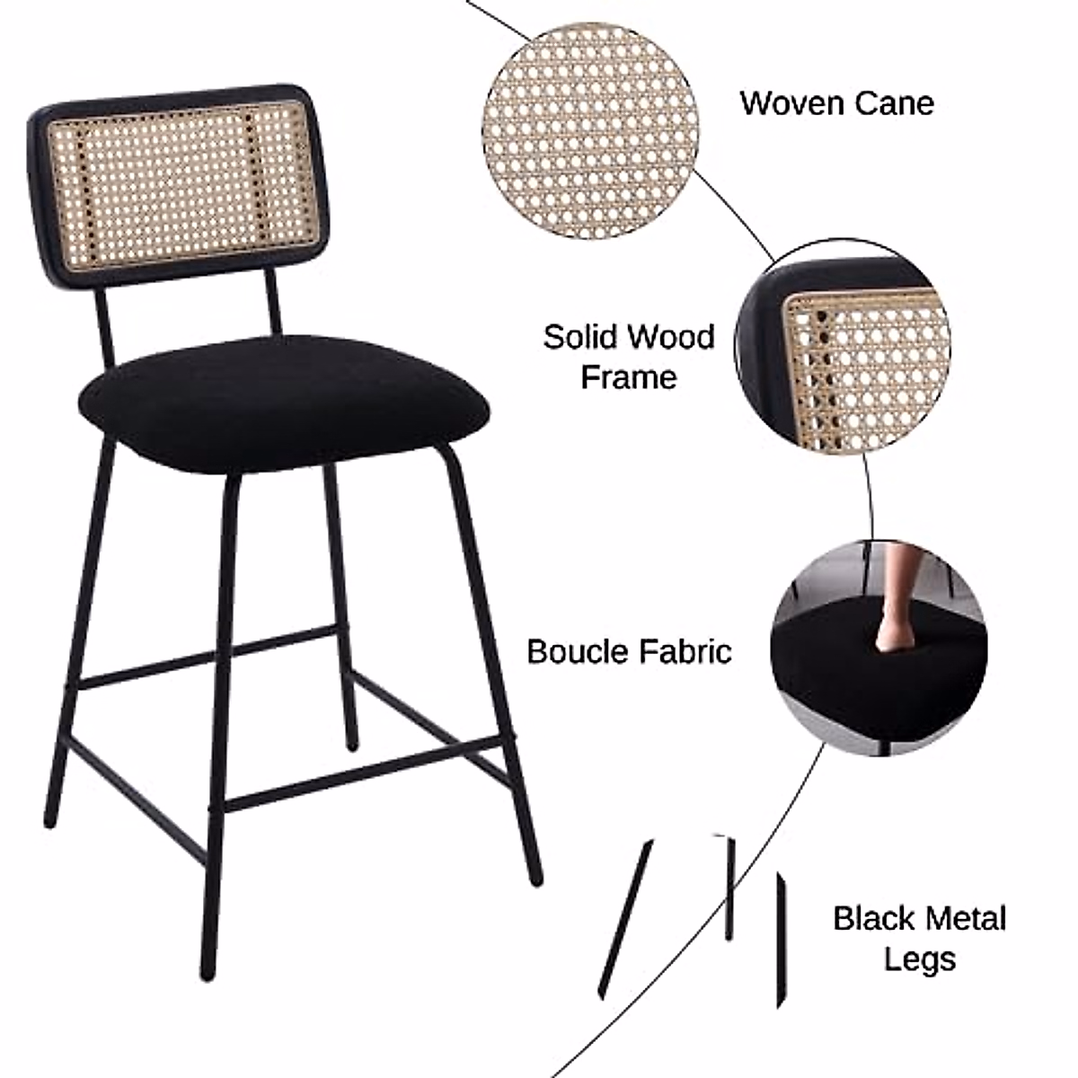 ZSARTS Black Rattan Barstools Set of 2, 26" Boucle Fabric Counter Height Bar Stools with Cane Back, Wicker Bar Chairs for Pub/Kitchen/Home Bar
