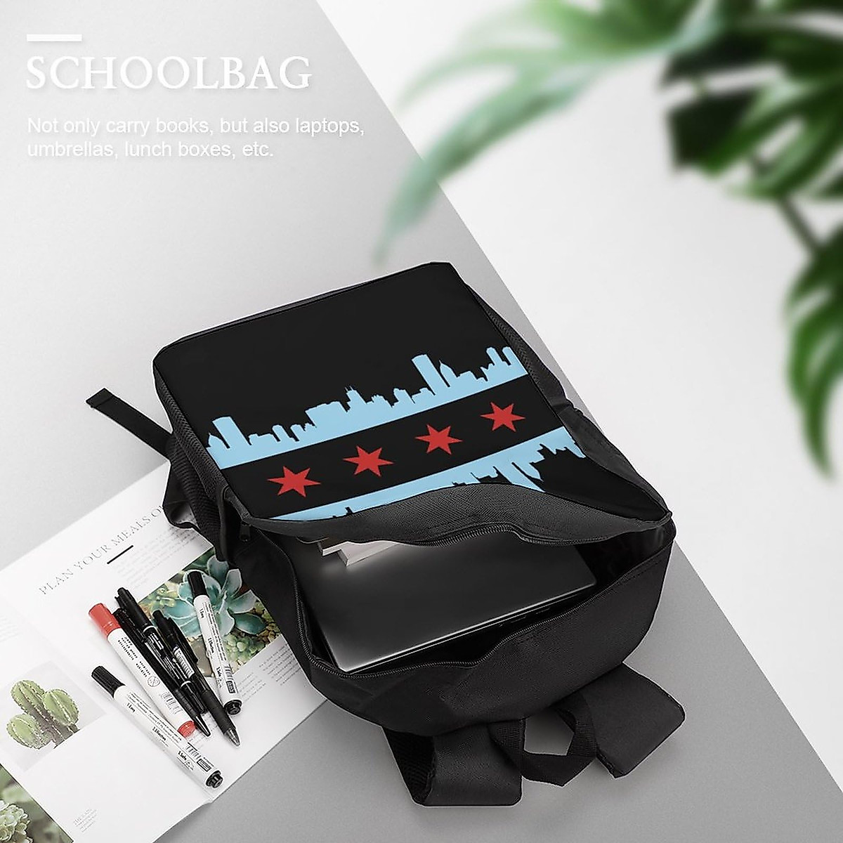 Chicago City Flag Travel Backpack Casual 17 Inch Large Daypack Shoulder Bag with Adjustable Shoulder Straps