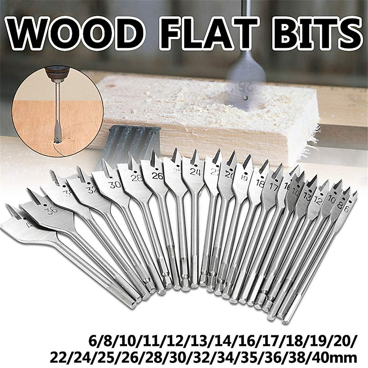hwangli 6-40mm Flat Wood Drill Bits Carbon Steel Spade Hex Shank Cutter Carpenter Tool 18mm