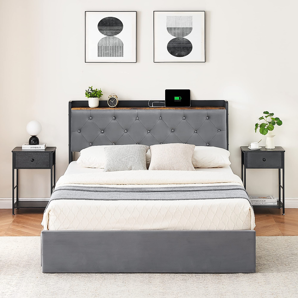 IDEALHOUSE Queen Bed Frame with 4 Storage Drawers and Charging Station, Grey Upholstered Bed Frame with Storage Headboard, No Box Spring Needed, Noise-Free