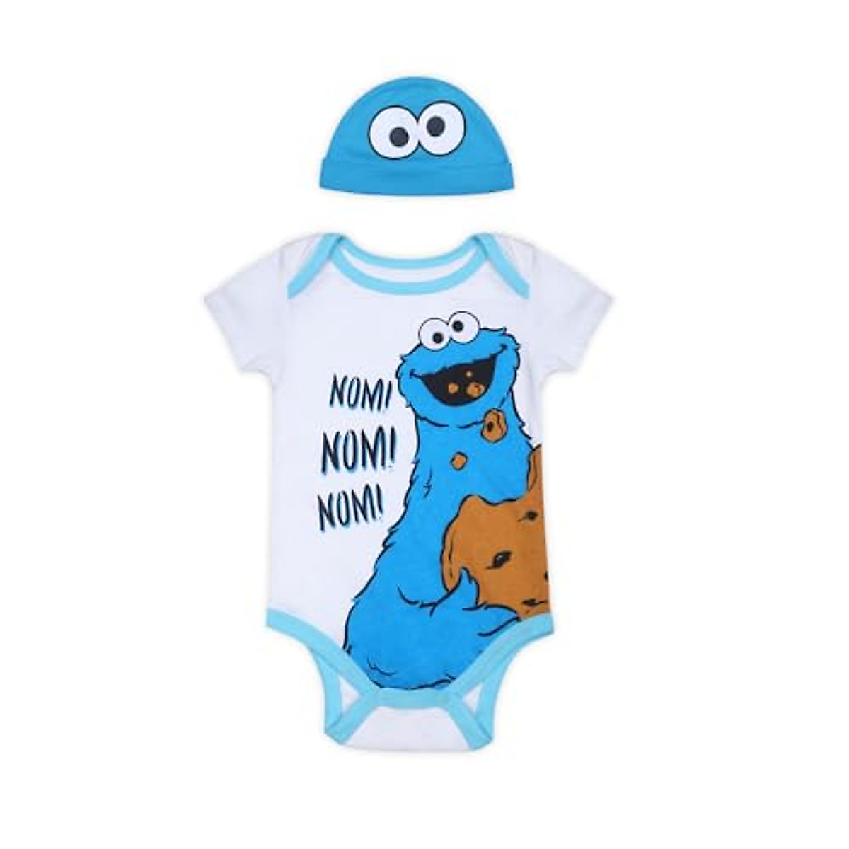 Sesame Street Elmo and Cookie Monster Boys Short Sleeve Bodysuit with Cap Set for Baby and Infant – Blue/White or Red/White