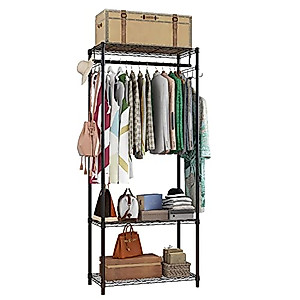 Xiofio 3 Tiers Heavy Duty Garment Rack, Metal Clothing Rack Coat Rack, Clothing Storage Organizer, Clothes Rack with 2 Side Hooks,Hanging Adjustable Garment Rack,29.1" L x 15.7" W x 76.3" H,Black