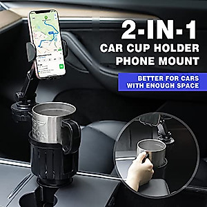 Upgraded 2 in 1 Car Cup Holder Phone Mount with Offset Adjustable Base, 360° Rotation Universal Compatible with iPhone Samsung Cell Phones and Yeti, Hydro Flasks, Other Large Bottles Mugs in 3.4"-4.0"
