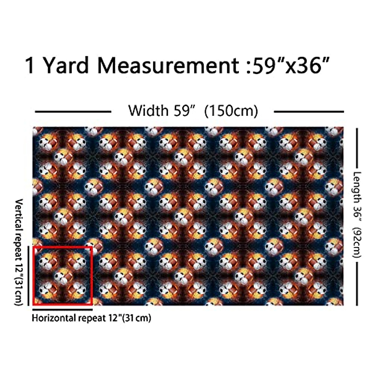 Soccer Upholstery Fabric by The Yard, Ice Fire Basketball Baseball Indoor Outdoor Fabric, American Football Sports Theme Material, 3D Craft Patchwork for Quilting Sewing, 1 Yard, Black White Orange