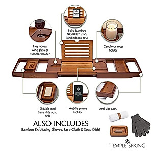 Temple Spring Bath Caddy - Extendable Bath Tray for Bathtub with Candle, Wine Glass, Book, iPad & Phone Holders - Adjustable Bath Table Shelf Over tub with Bathroom Accessories - (Wood Brown)