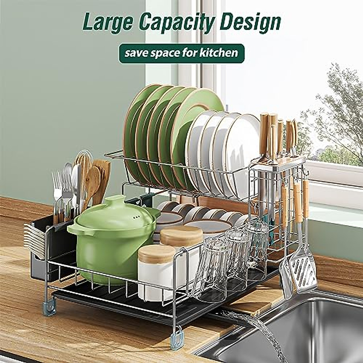 Youvip Dish Drying Rack for Kitchen Counter, 2 Tier Dish Racks with Drainboard Set, Dish Drainers with Utensil Holder, Cups Holder, Kinfe Block and Drying mat
