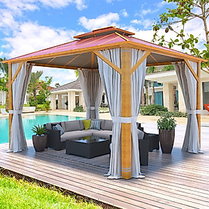 MELLCOM 10' x 12' Hardtop Gazebo, Wooden Finish Coated Aluminum Frame Outdoor Gazebo with Aluminum Double Roof, Claret Metal Gazebo with Curtains and Nettings for Patios, Gardens, Lawns, Parties