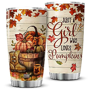 ZOXIX Just A Girl Who Loves Pumpkin Tumbler With Lid 20oz Vintage Autumn Coffee Mug Stainless Steel Cup Fall Leaves Pumpkin Themed Gifts For Women Halloween Farm Girl Tumblers