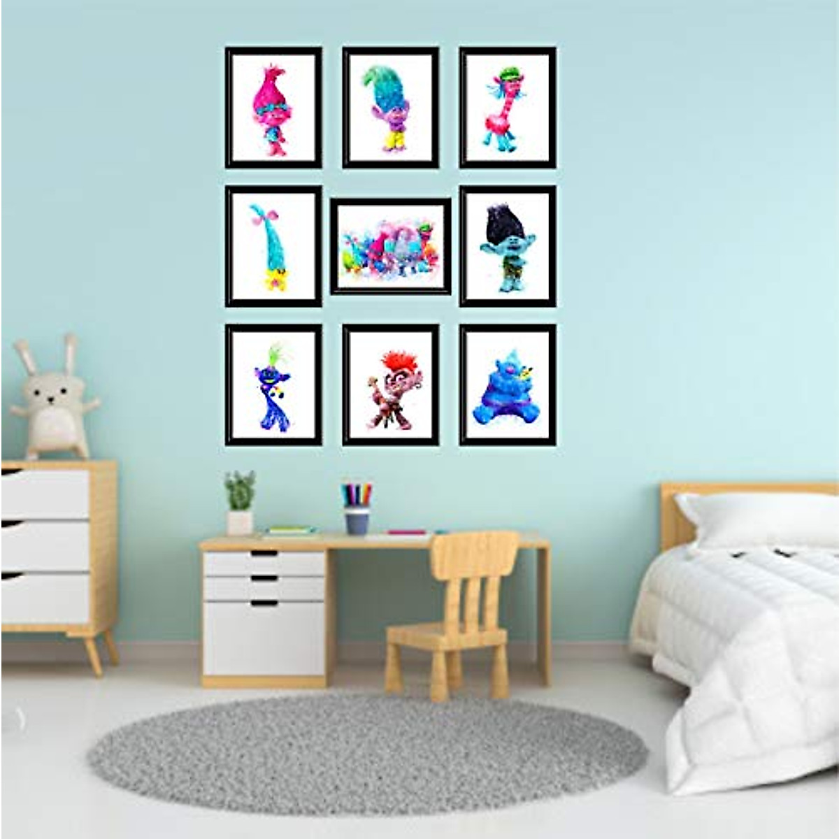 Trolls Posters for Girls Bedroom - Set of 9 Watercolor Wall Decor
