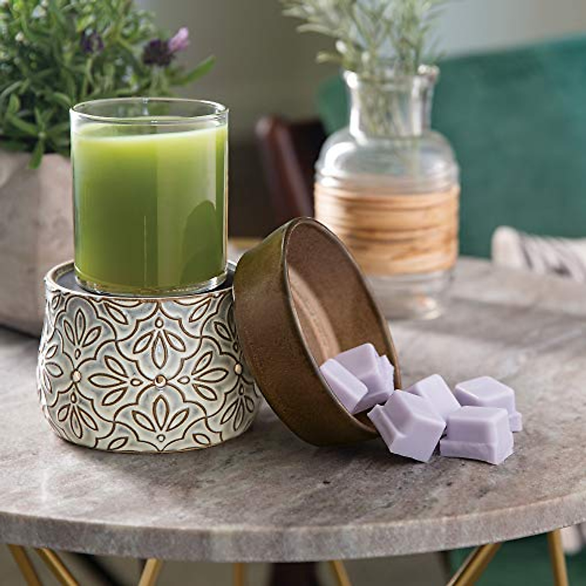 CANDLE WARMERS ETC 2-in-1 Deluxe Candle and Wax Fragrance Warmer with LED Light and Auto Shut Off for Timed Candle Warming, Bronze Floral