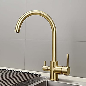 Techzm Tri Flow Water Filtration Kitchen Faucet 3 Way Water Filter Taps Brushed Golden