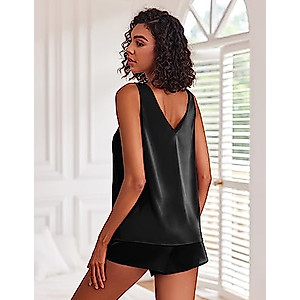 Ekouaer Satin Pajamas Womens Pjs Tank Shorts Set Silk Soft Sleepwear V Neck Summer 2 Piece Lounge Set Black,L
