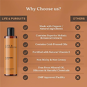 Life & Pursuits Turmeric Body Oil 6.8 Fl Oz - Ayurvedic Massage Oil with Vitamin E, Coconut Oil, Almond Oil & Squalane| Reduces Dark Spots, Brightens Skin, Hydrates & Moisturizes (6.8 Fl Oz)