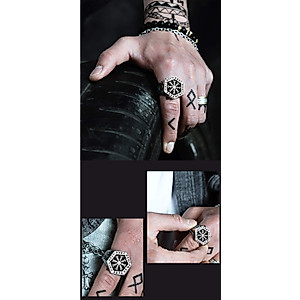 Titanium Stainless Steel Aegishjalmur The Helm of Awe Ring Norse Viking Elder Futhark Rune Ring Jewelry for Men Women Size 10 Silver Tone