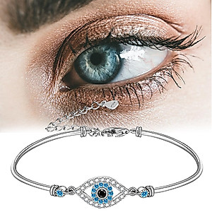 Jewlikee Evil Eye Bracelet Sterling Silver Blue Evil Eye Bangles Bracelets for Women Good Luck Protection Third Eye Amulet