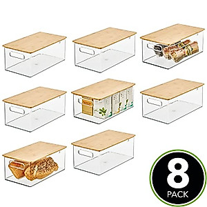 mDesign Plastic Stackable Storage Organizer Container Bin with Handles, Bamboo Wood Lid; for Kitchen, Pantry, Cabinet Organization; Holds Packaged Food, Snacks; Ligne Collection, 8 Pack, Clear/Natural