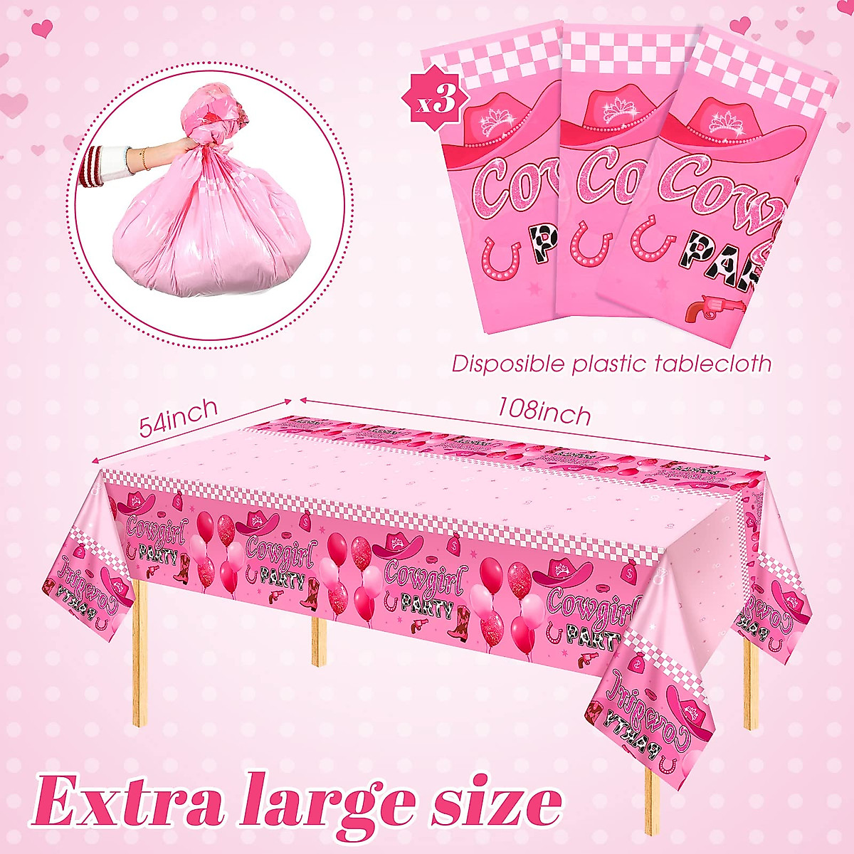 HyDren 3 Pcs Pink Cowgirl Party Tablecloth 54 x 108 Inch Western Disco Cowgirl Birthday Decorations Disposable Plastic Table Cover Rectangular Horse Party Supplies for Girls Boys Baby Shower