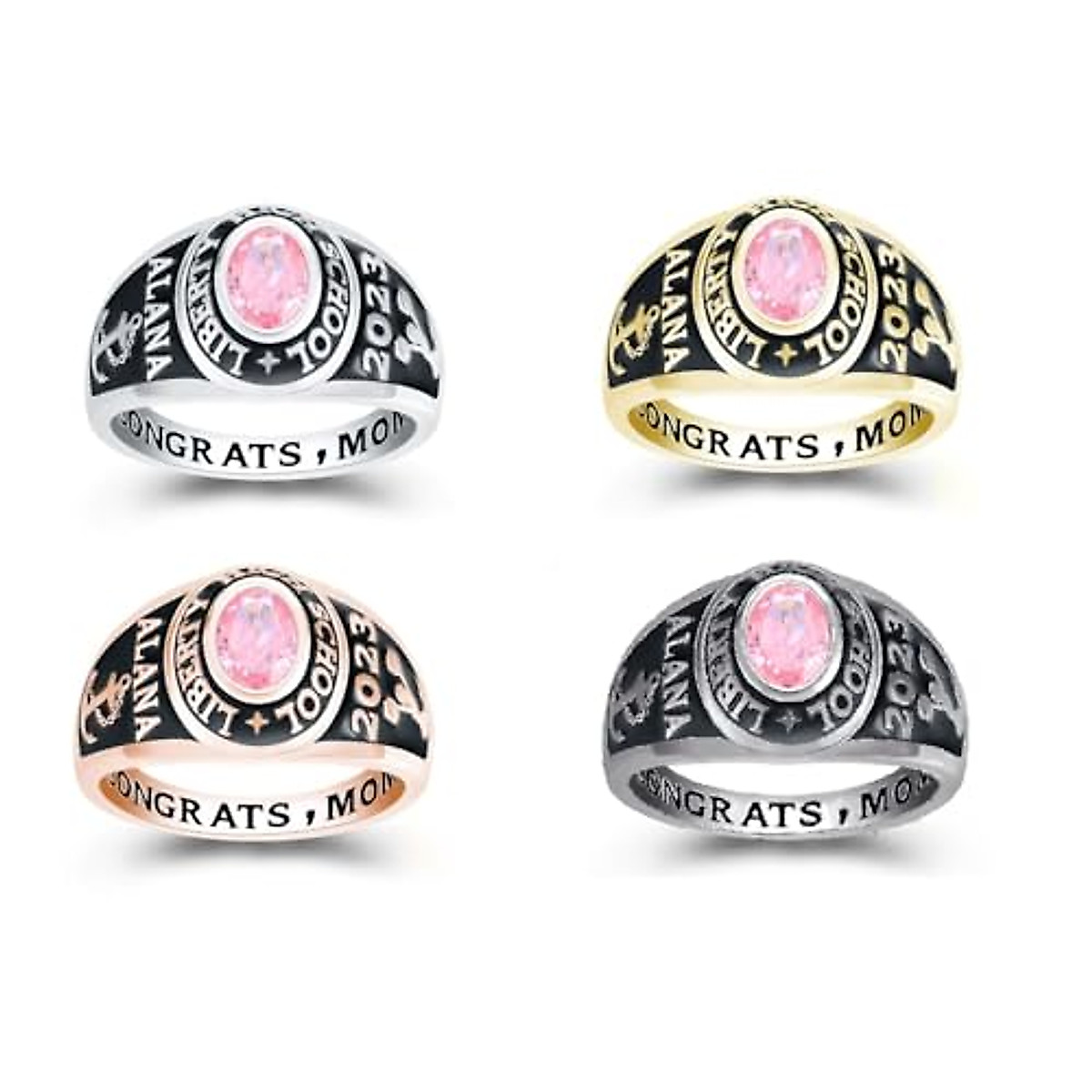 Class Ring for Women - 925 Sterling Silver or 10KT Gold – Customized High School College University Women's Class Ring – Graduation Gifts – Jour Nouveau Jewelry (Platinum)