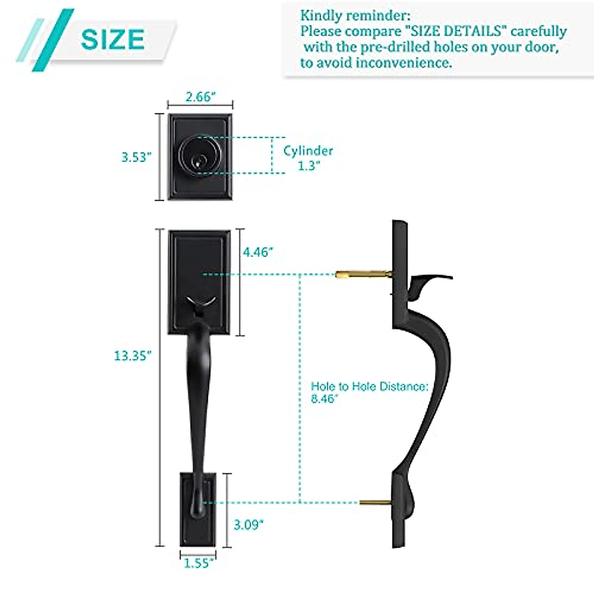 GUA OYH Double Front Door Handle Matte Black Double Door Lock Keyed Dummy Door Lock Set with Handle Lever for Front Door or Office Door (L361516-B-S118)