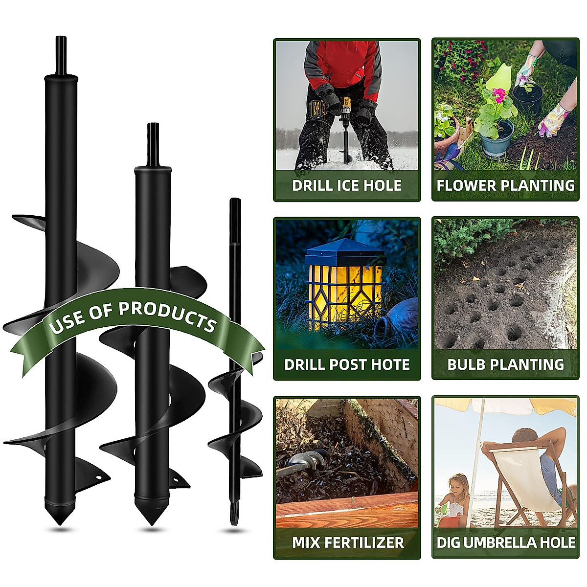 Auger Spiral Drill Bit for Planting Bulb Flower & Bedding, Garden Plant Auger, Upright or Umbrella Hole Diggers, Includes 3 Heavy Duty Cast Aluminum Garden Hand Shovels (6 Pieces)