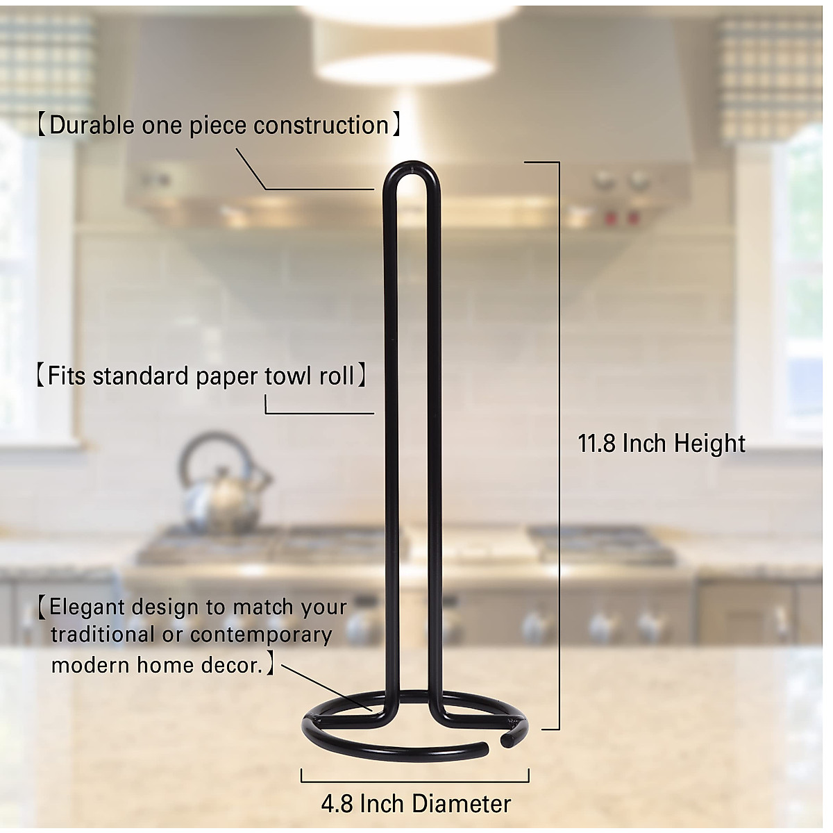 Creative Home Heavy Duty Metal Paper Towel Holder Kitchen Towel Stand for Kitchen Countertop Dining Table, 4.8" Diam. x 11.8" H, Black Powder Coating