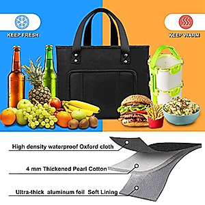 Lunch Bag Women, Leakproof Insulated Lunch Bags Reusable Water Resistant Lunch Box with Adjustable Shoulder Strap, Large Adults lunchbox Men Women Lunch Tote Bag for Work Travel Picnic, Black