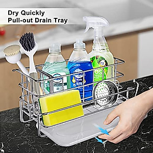 FUMAX Kitchen Sink Caddy Organizer, Sponge Holder for Kitchen Organization, Dish Brush Soap Dispenser Holder with Drain Tray, Rustproof Stainless Steel Kitchen Soap Holder for Countertop