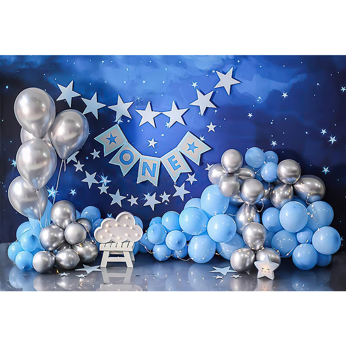 Blue Sky Twinkling Stars Balloons Boys 1st Birthday Party One Years Old Cake Smash Decor Backdrop for Home Party Banner Photo Studio,7x5ft