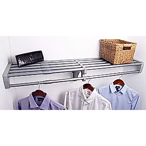 EZ Shelf - Walk in Closet System - 5 Pack - Expandable Closet Shelf with Hanging Rod (Each 40.5–73”) - with 4 End Brackets - Silver - Strong - Easy to Install – Alternative to Wire Closet Shelving