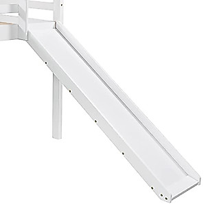 Harper & Bright Designs Full Loft Bed with Slide, Wood Low Loft Bed with Chalkboard, Ladder, Guardrail, Kids Loft Bed Frame for Boys & Girls (Full, White)