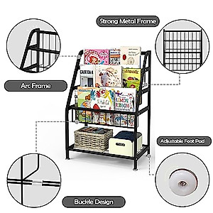 Azheruol Kids Bookshelf Freestanding for Children Room 25 Inches Black Metal Bookcase Large Capacity Books Toys Organizer Stable 5 Tiers Kids Book Rack for Playroom Bookstore Library.