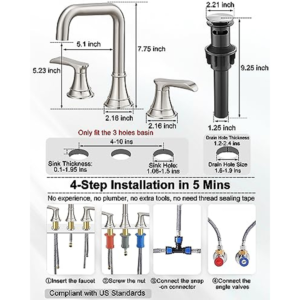 HOIGY Brushed Nickel Pull Down Kitchen Faucet and Bathroom Sink Faucet Set, 3-Function Pull-Out Kitchen Faucets with Deck Plate, 3 Hole Widespread Bathroom Sink Faucet with Pop-up Drain