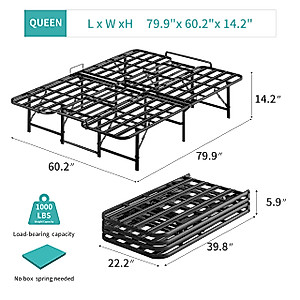 Queen Foldable Bed Frame, 14.2" High Portable Metal Platform Bed Frame with Tool Free Setup, Queen Size Collapsible Sturdy Steel Frame, No Box Spring Needed, Black