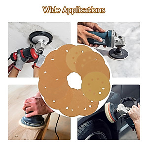 SUPBICCO 50 PCS 5 Inch 8 Hole Sanding Discs Hook and Loop, 60 80 120 220 320 Assorted Grits Sand Paper Disc for Random Orbital Sander, Gold Sandpaper Pads for Automotive and Woodworking