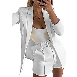 HuiSiFang Women's 2 Piece Outfit Open Front Blazer and High Waisted Skinny Short Pant Casual Tops & Bottoms Set B-white
