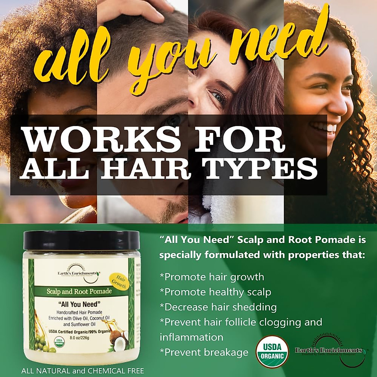 Earth's Enrichments Organic Pomade - Hair Food for Growth, Contains Tea Tree, Rosemary, Lavender Oil, Natural Hair Grease for Thick, Straight, Curly, Wavy, Thin Hair, Women, Men, Kids, USDA, 8oz