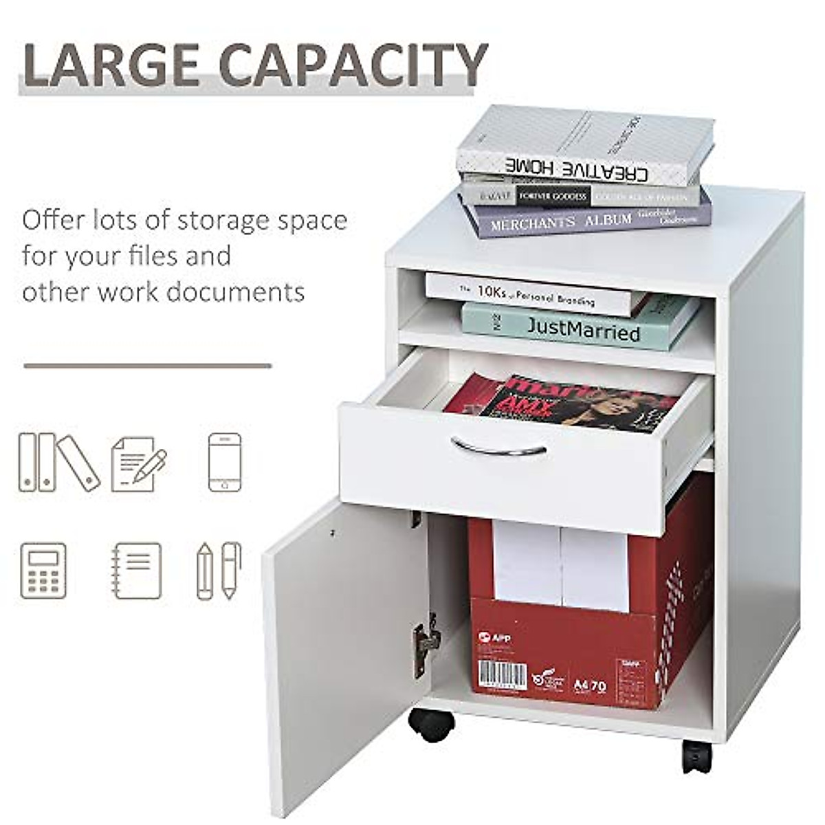 HOMCOM Mobile Storage Cabinet Organizer with Drawer and Cabinet, Printer Stand with Castors, White