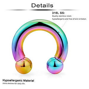 Ftovosyo PA Ring Internally Threaded Rainbow Circular Barbells Horseshoe Large Septum Ring Ear Gauges Earrings 8G 3mm 12mm 1/2" 316L Surgical Steel Pierced Body Jewelry for Women Men