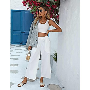 Zeagoo Women's Summer Cotton Linen Palazzo Pants Drawstring Waist Wide Leg Pocket Loose Casual Trousers White M