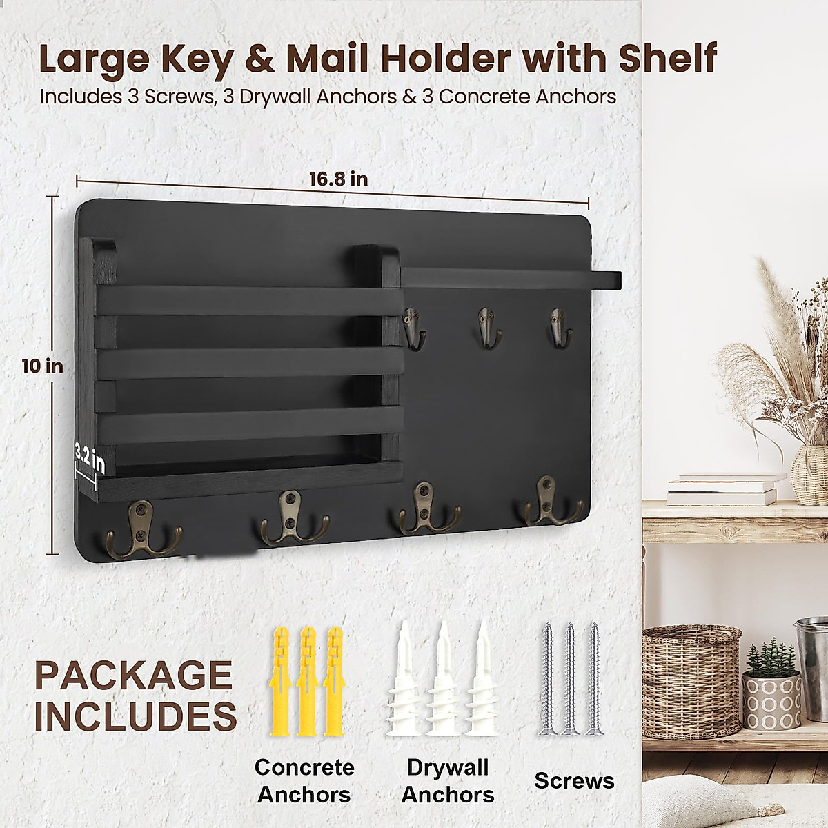 Nekon Mail Holder for Wall Mail Organizer with Key Hooks Hallway Farmhouse Decor Letter Sorter Made of Natural Pine with Floating Shelf and Flush Mount Hardware (16.8Inch x 10Inch x 3.2Inch) (Black)
