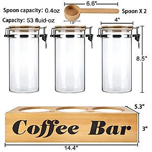3Pcs Glass Coffee Canister with Shelf Printed Coffee Bar, Sugar Container, 3x53oz Glass Coffee Bean Storage Jars with Airtight Locking Clamp Lids Spoons, Coffee Containers Set Kitchen Food Storage Tea