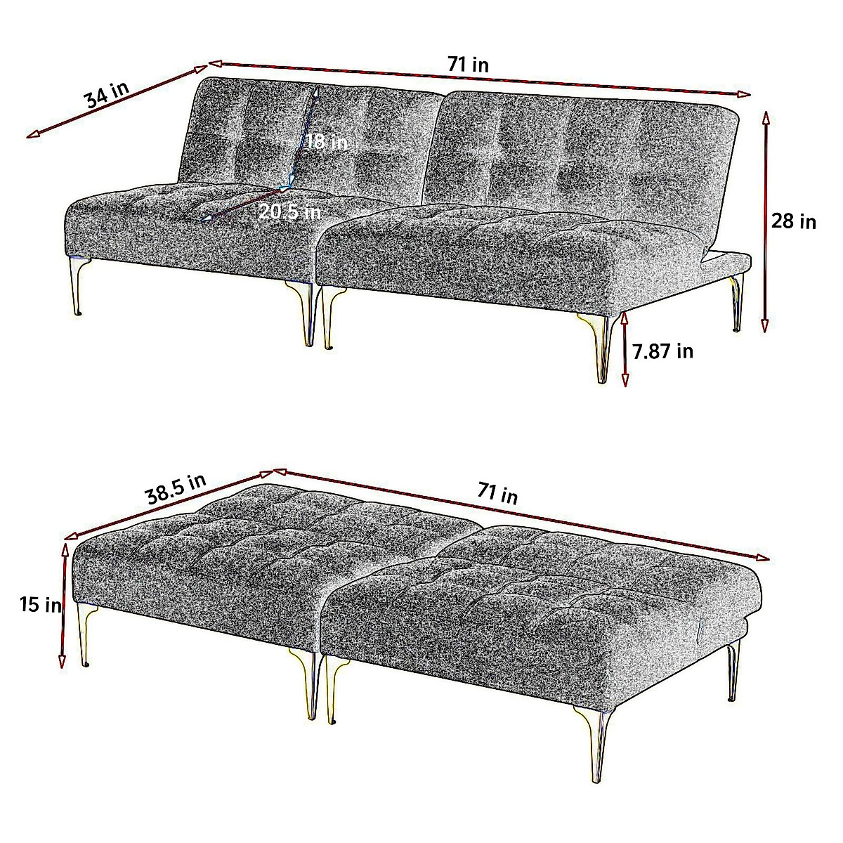 ChicFurnit Sofa Bed,Convertible Couch Bed with Three Backrest Adjustment Settings,71'' Teddy Fabric Upholstery Futon Sleeper Sofa with Gold Metal Tapered Leg Design for Living Room,Bedroom,Pink