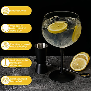 MIAMIO - 2 x 22 oz Gin Glass/Set of 2 Gin Glasses - Tonic Glasses Ideal for Gin and Cocktails - Gift Set including Measuring Cup Glass and Stirring Spoon