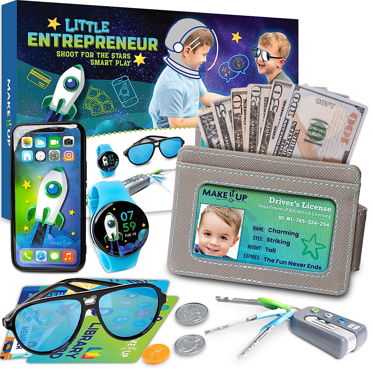 Realistic Toddler Pretend Play Toys I Toddler Toys for Girls & Boys Fake Money, Toddler Wallet Toy, Non Electronic Kids Play Phone & Smartwatch I Kids Pretend Play Birthday Gift for Age 2 & Up