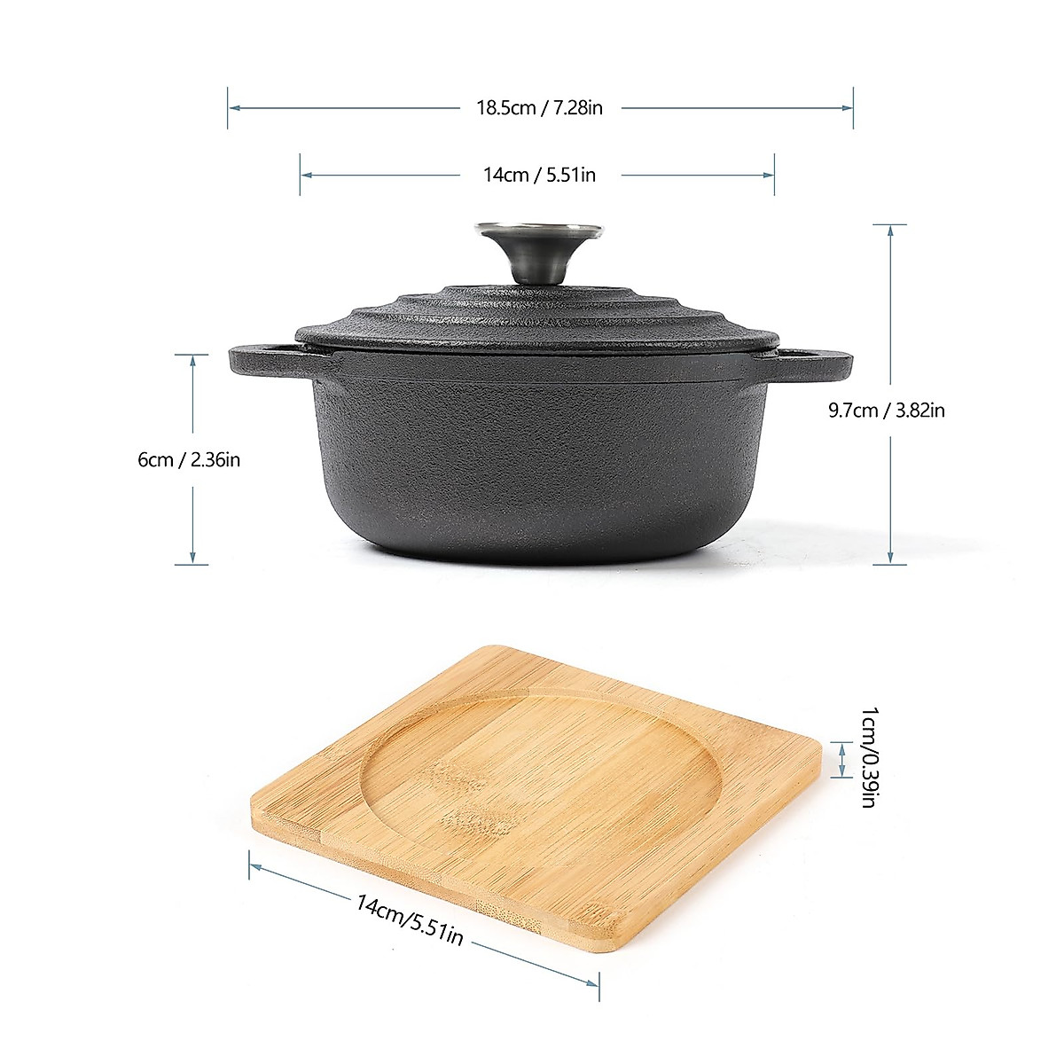 HAWOK Cast Iron Mini Round Cocotte Set, 0.7QT Mini Dutch Ovens with Lids and Bamboo Trays, 667ml/22.57oz/2.82cups, Set of 2, Black