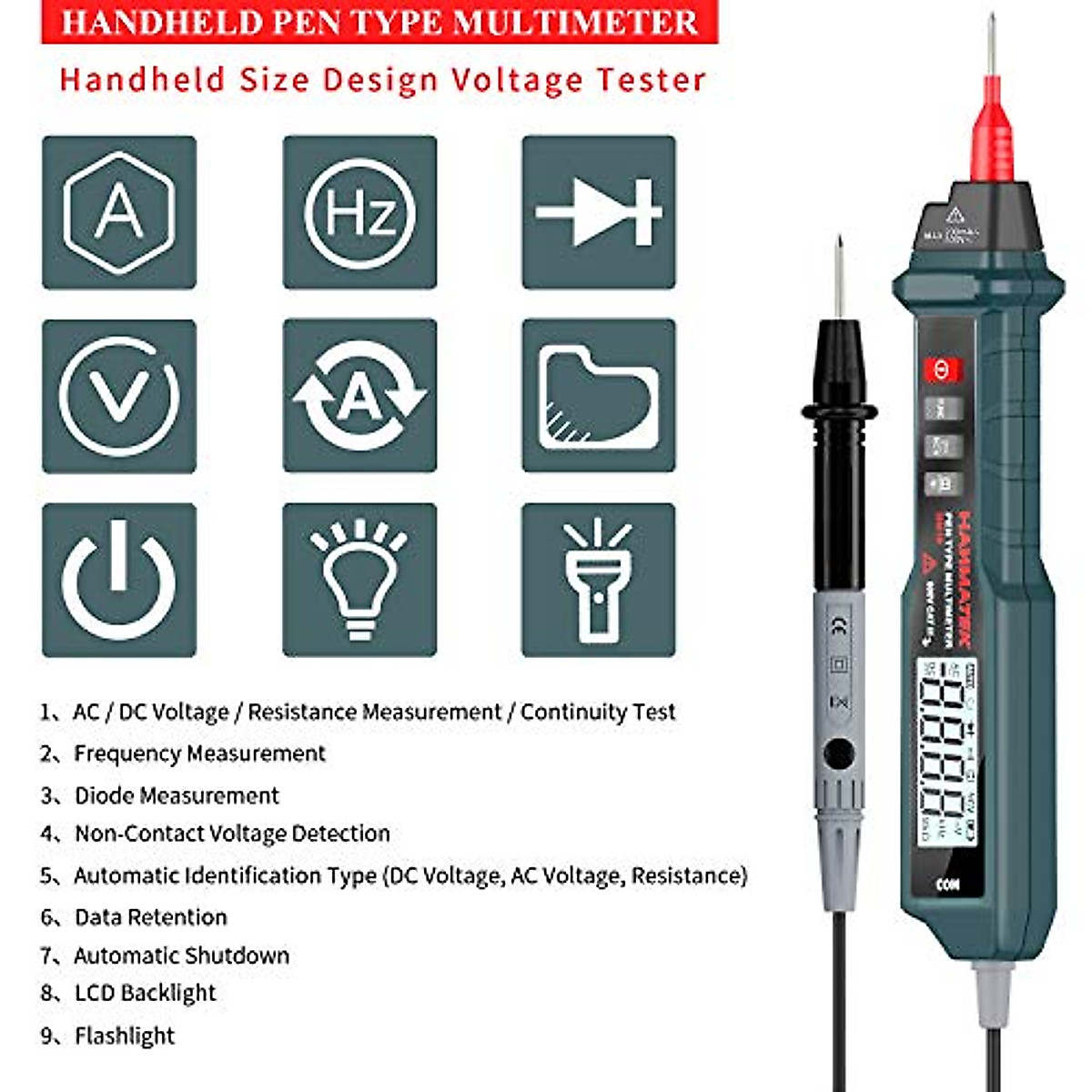 Pen Type Digital Multimeter, Electrical Tester with NCV,AC/DC Voltmeter Ammeter Ohmmeter, Resistance, Live Line Digital Testers with Backlit and Flashlight