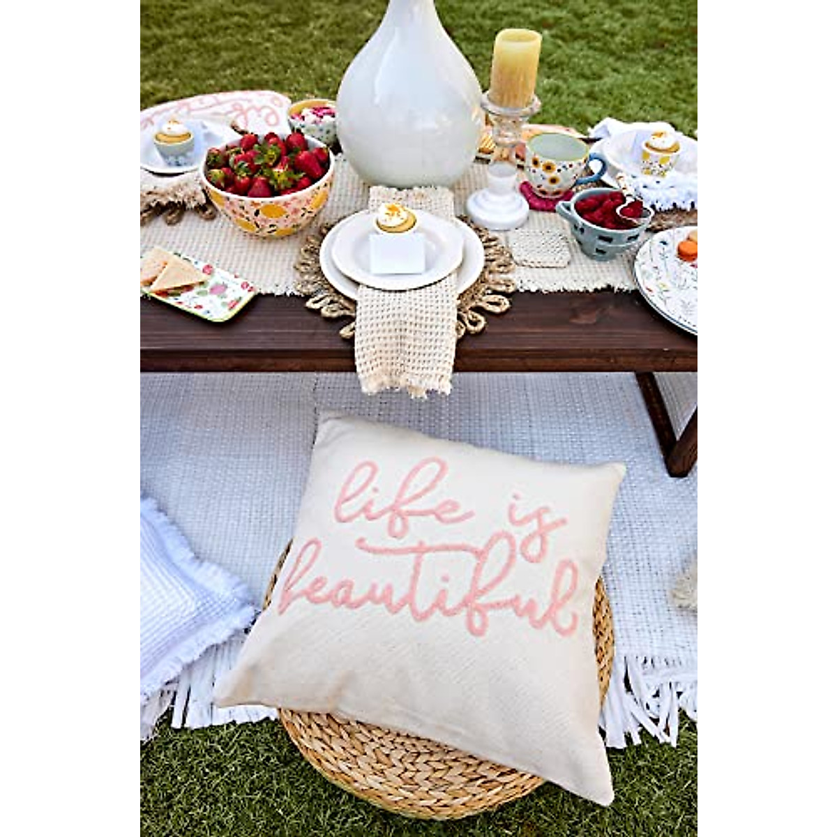 Mud Pie Color Sentiment Dhurrie Pillow, 22" x 22", Life is Beautiful