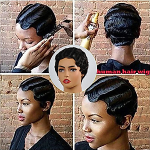 YOLANFAIRY Short Pixie Cut Wigs For Black Women Mommy Brazilian Finger Ocean Wave Remy Human Hair Cheap Wig For Party（Black 1B#）