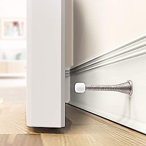 Spring Door Stopper with Rubber Bumper - Pack of 4 Door Knob Wall Protector 3 ¼” Flexible Heavy Duty Door Stop – Low Mounted White Wall Bumper for Home/Offices/Schools (Nickel)
